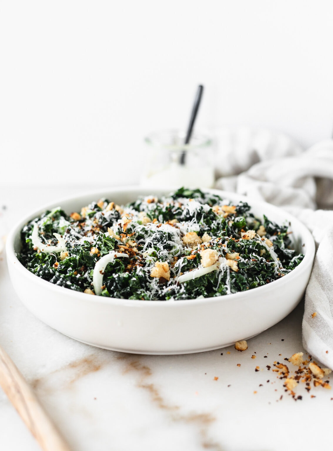 Healthy Kale Caesar Salad with Homemade Dressing and Bread Crumbs ...