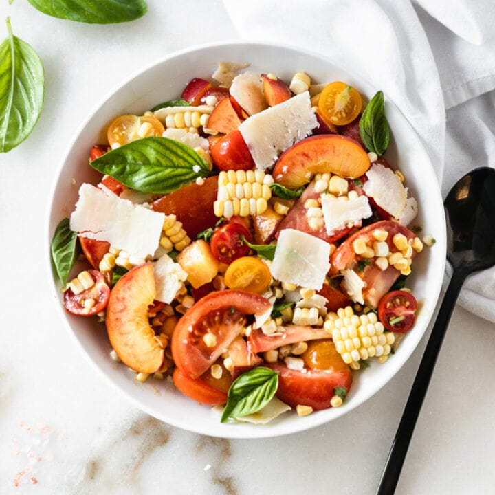 Peach Corn Tomato Salad with Miso Vinaigrette - Lively Table