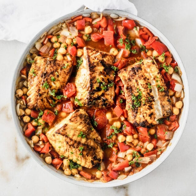 Moroccan Cod Skillet with Stewed Tomatoes and Chickpeas - Lively Table